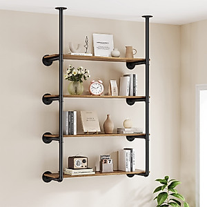 Pynsseu Industrial Iron Pipe Shelf Wall Mount, Farmhouse DIY Open Bookshelf, Pipe Shelves for Kitchen Bathroom, bookcases Living Room Storage, 2Pack of 4 Tier