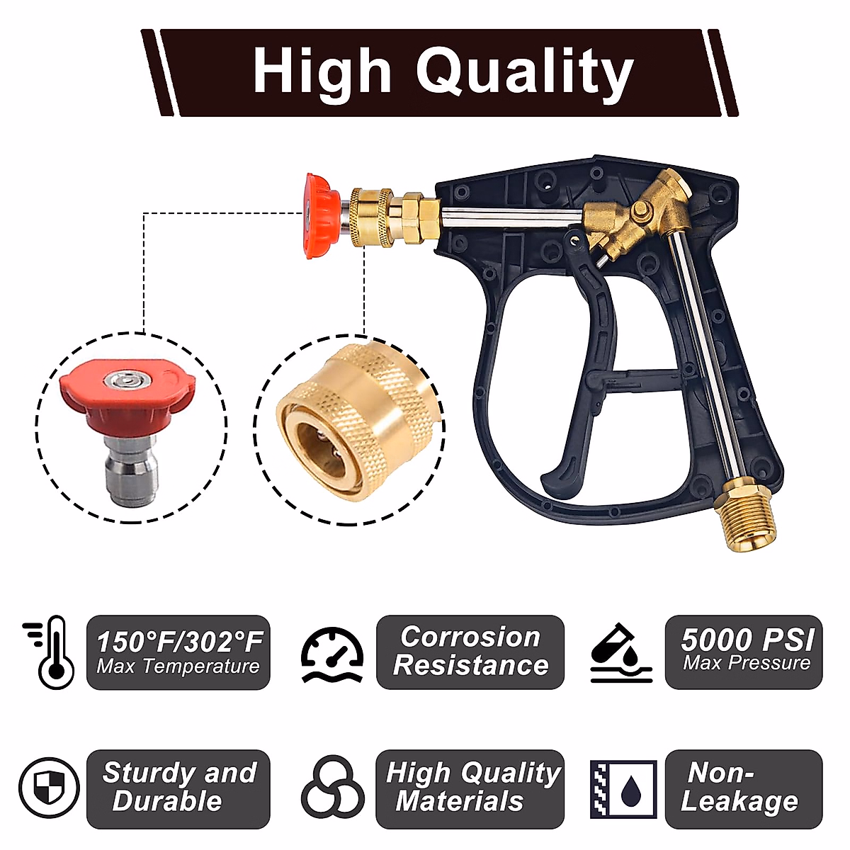 JWGJW Short Pressure Washer Gun with 5 Nozzle Tips,High Pressure Water Gun with M22-14 Male Plug and 1/4¡± Quick Connector - Foam Gun Kit Compatible with Foam Cannon.(JW-122)