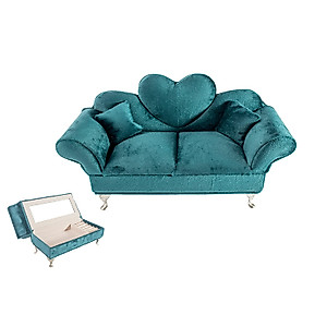 9.8 Inch Openable Dark Green Sofa Jewelry Box Armchair for Dollhouse Heart Shape Velvet Chair 1/6 Scale Dolls Accessories