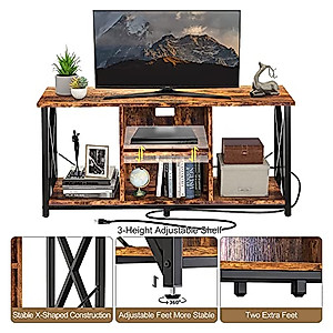 FABATO Wood 55 Inch TV Stand and Entertainment Center with 4 Socket Plug-in Station, 3-Height Adjustable Shelf, and Wire Threading Holes