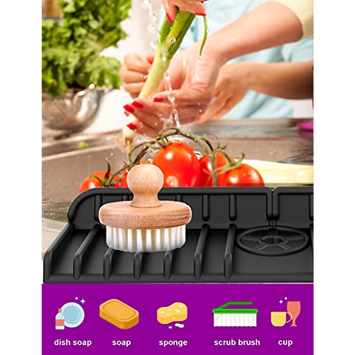 Decyam Upgrade Kitchen Sink Splash Guard, Silicone Faucet Handle Drip Catcher Tray, Kitchen Sponge Holder Faucet Absorbent Sink Protectors Mat for Kitchen Bathroom Sink Accessories (2 pcs black)