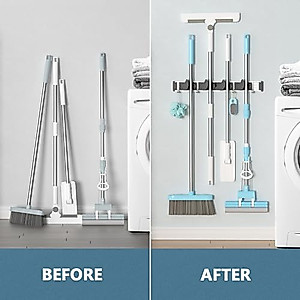 Holikme Mop Broom Holder Wall Mount Metal Pantry Organization and Storage Garden Kitchen Tool Organizer Wall Hanger for Home Goods (4 Positions with 4 Hooks, Black)