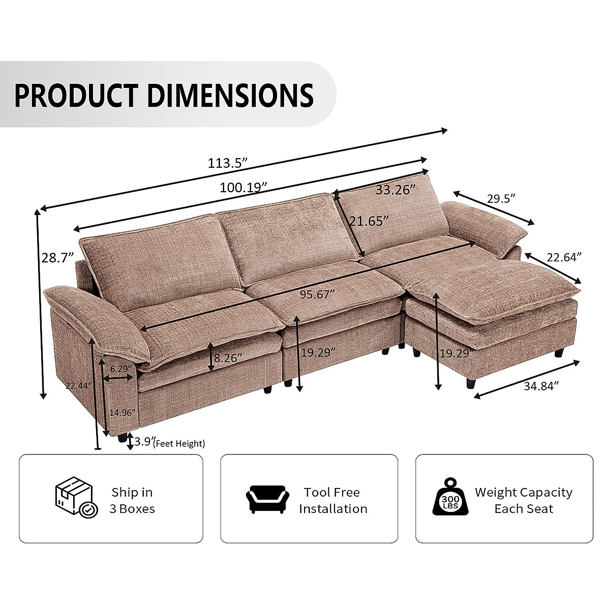 Suheww Sectional Couches for Living Room, L Shaped Sofas Modern Deep Seat Cloud Sofa Sectional, Oversized Cloud Couch Modular Sectional Sofa Couches for Living Room