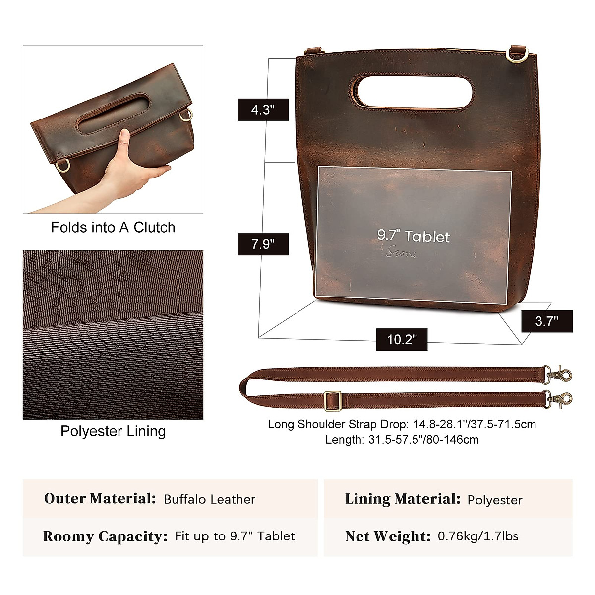 S-ZONE Women Vintage Genuine Leather Crossbody Bag Distressed Foldable Clutch Top Handle Handbag Purse