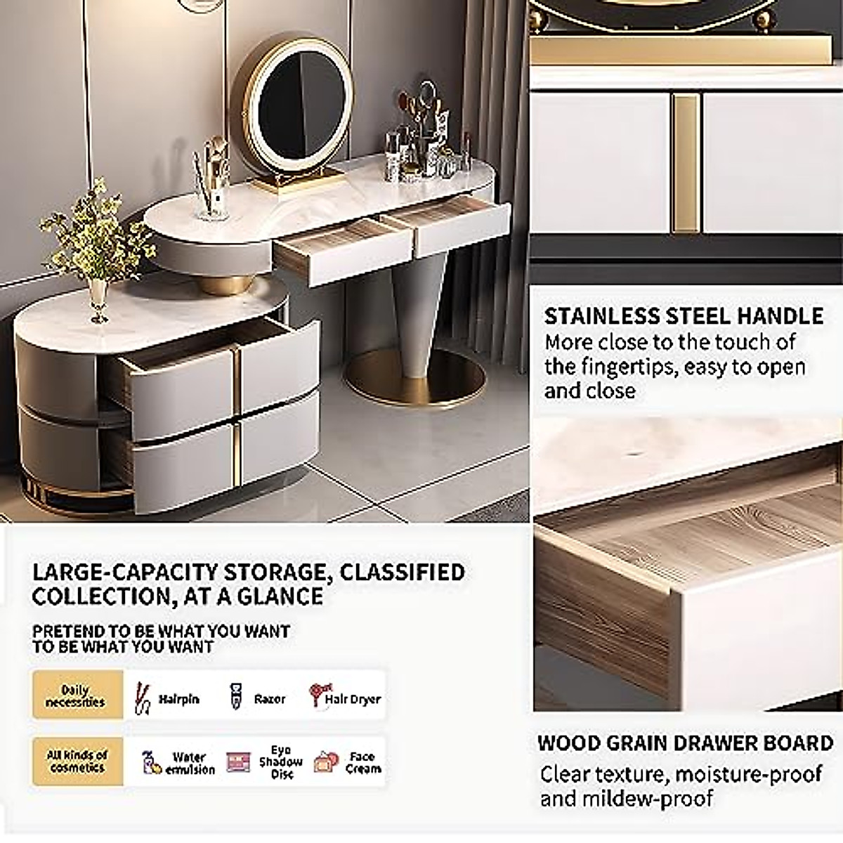 ZGNBSD Luxury Vanity Table Set - Makeup Table with Drawers,Stool & Smart Mirror,Solid Wood Bedroom Vanity | for Her