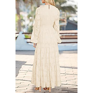 MITILLY Women's Elegant Floral Long Sleeve Round Neck Smocked A-Line Flowy Tiered Maxi Dress with Pockets Medium Apricot