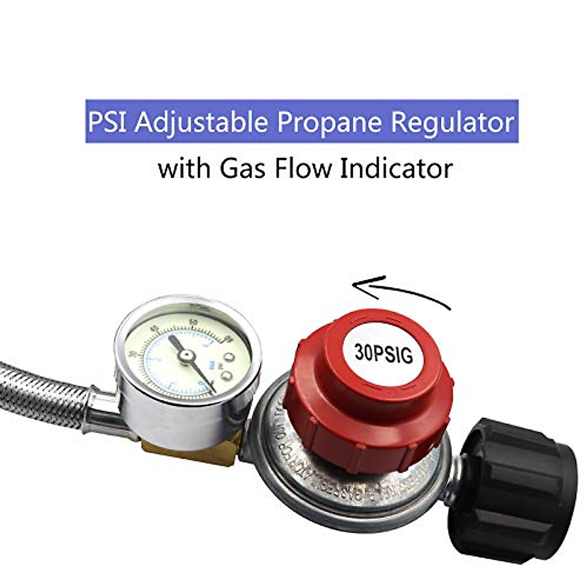 5Ft Adjustable Propane Regulator Hose Braided Steel 0~30 PSI Gas Flow Indicator for Fire Pit, Turkey Fryer, Burner, Cooker, Grill, Firepit etc-CSA Certification, QCC1 x 3/8 Female Flare Connection