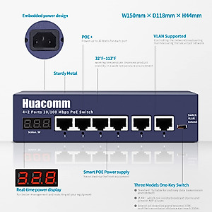 Huacomm 6-Port 10/100Mbps PoE Switch with 4 PoE Ethernet Ports | IEEE 802.3af/802.3at | Sturdy Metal | Plug-and-Play | Desktop | 65W PoE Budget | Unmanaged | HC1705P