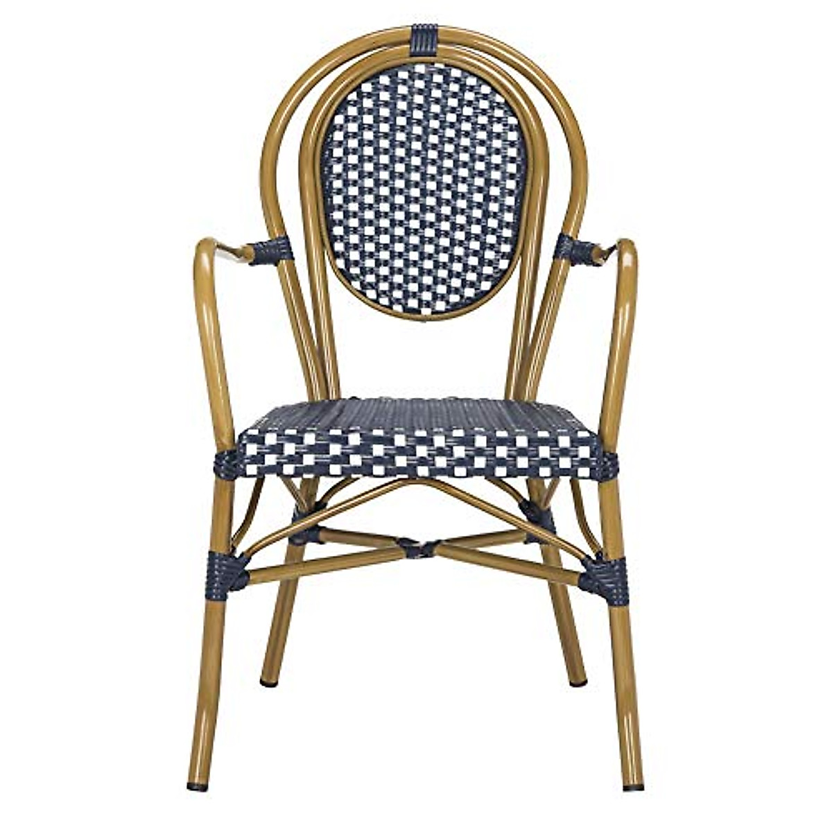 Safavieh PAT4014A-SET2 Outdoor Collection Rosen Navy and White French Bistro Stacking Arm Chair
