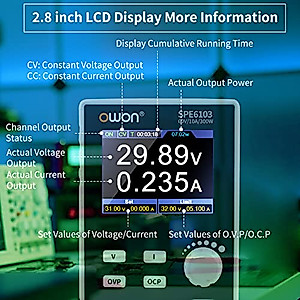 OWON SPE6103 Programmable Lab Power Supply (0-60V 0-10 A), 300w Bench DC Power Supply with 2.8inch LCD Display and Output Enable/Disable Button,Single Channel Output with PC Software and USB Charging