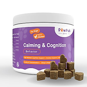PawPuk Paws Calming & Cognition Supplement for Dogs, Melatonin SAM-E NMN & CoQ10 - Cognition Supp., Valerian Root Ashwagandha Gingo Biloba - Calming Natural Ingredients, Brain Function