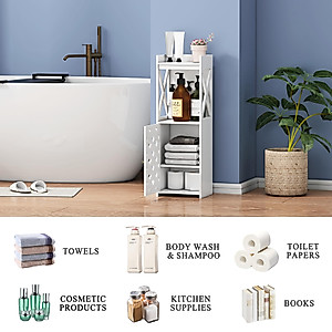 BYFU Bathroom Storage Cabinet, White Bathroom Floor Cabinet Freestanding Organizer with Door and Open Shelf for Kitchen Living Room Narrow Space