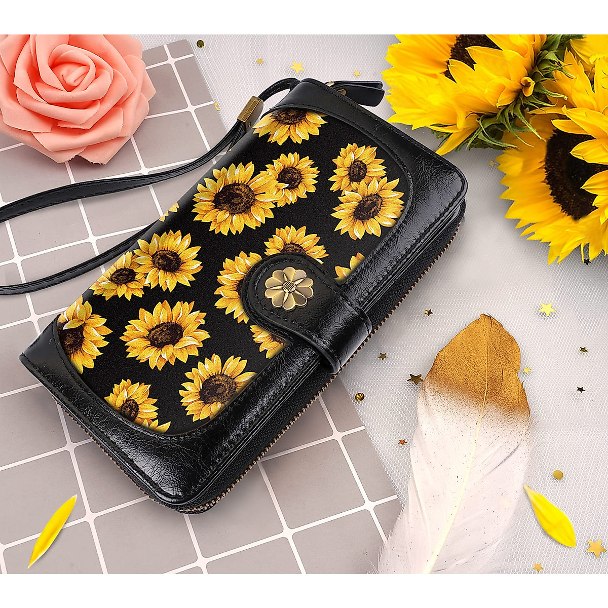 Coco Rossi Wallets for Women Multi Card Holder Wallet Clutch Wallet Card Holder Organizer Ladies Purse with Wrist strap Purse,Sunflower