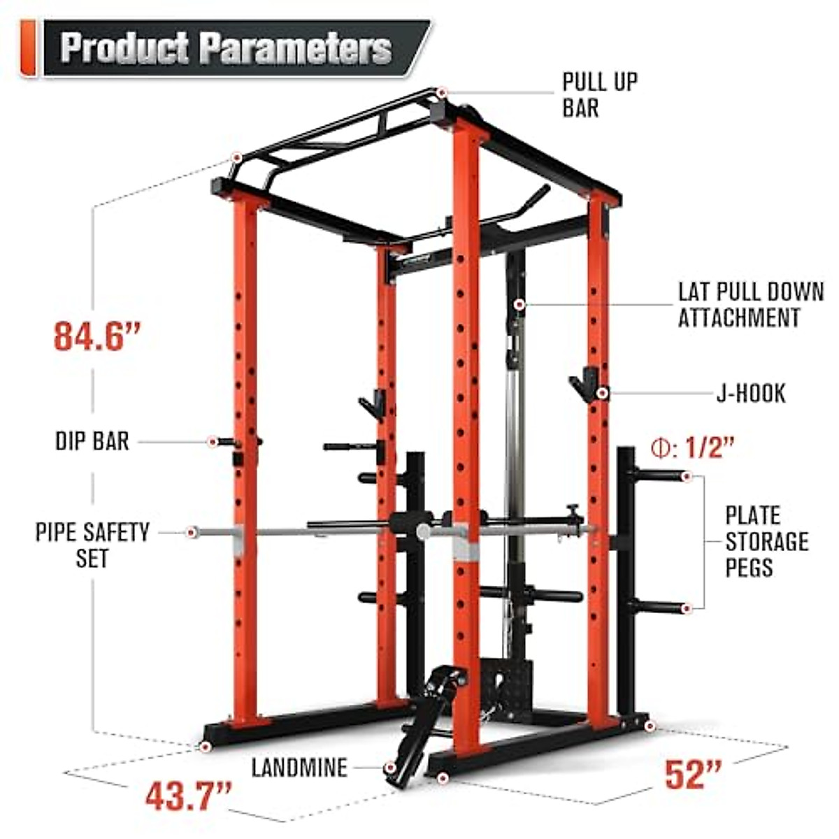 RitFit Power Cage with LAT Pull Down and 360° Landmine, 1000LB Capacity Power Rack Full Home Gym for Weightlifting, Come with J-Cups,Dip Bars and Other Attachments (2023 Version PPC02)-Orange