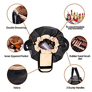 rlokosfb Large Drawstring Makeup Organizer,Lay Barrel Makeup Bag Leather Cosmetic Bag Toiletry Bag for Travel,Portable Waterproof Make Up Bags for Women Brush Toiletries Accessories (Black Large)