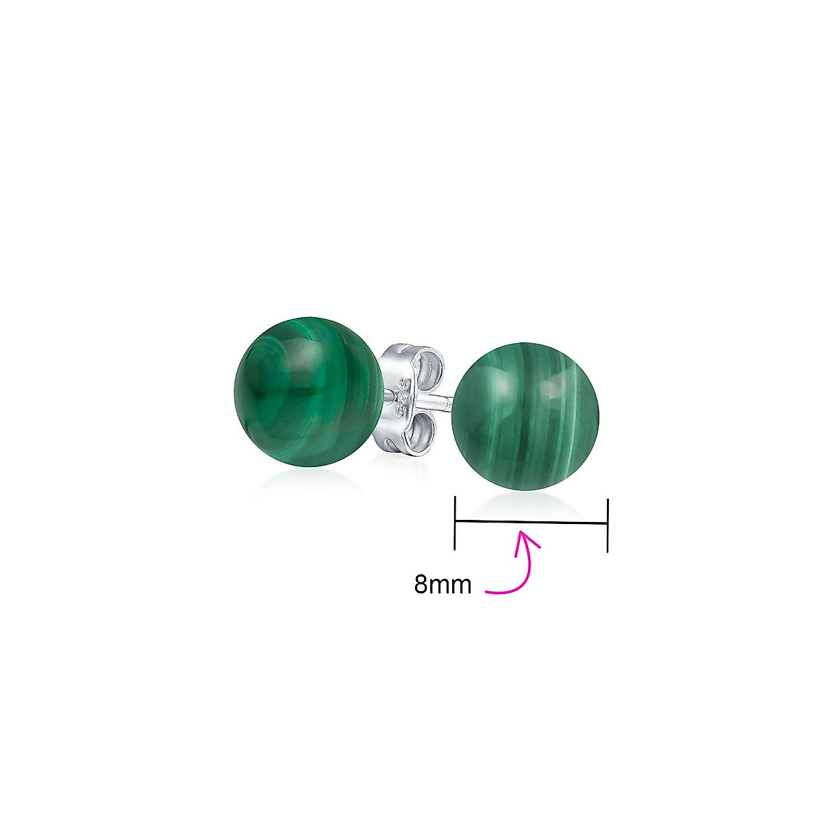 Simple Gemstone Green Malachite Round Ball Stud Earrings For Women .925 Sterling Silver 8MM