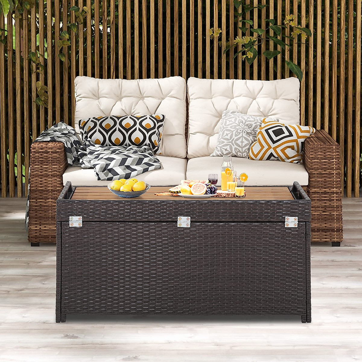HAPPYGRILL Patio Storage Bench Rattan Wicker Deck Box with Acacia Wood Seat, Gas Strut, Zipper Liner, Handles, Outdoor Storage Container for Patio Furniture Cushions Pillows