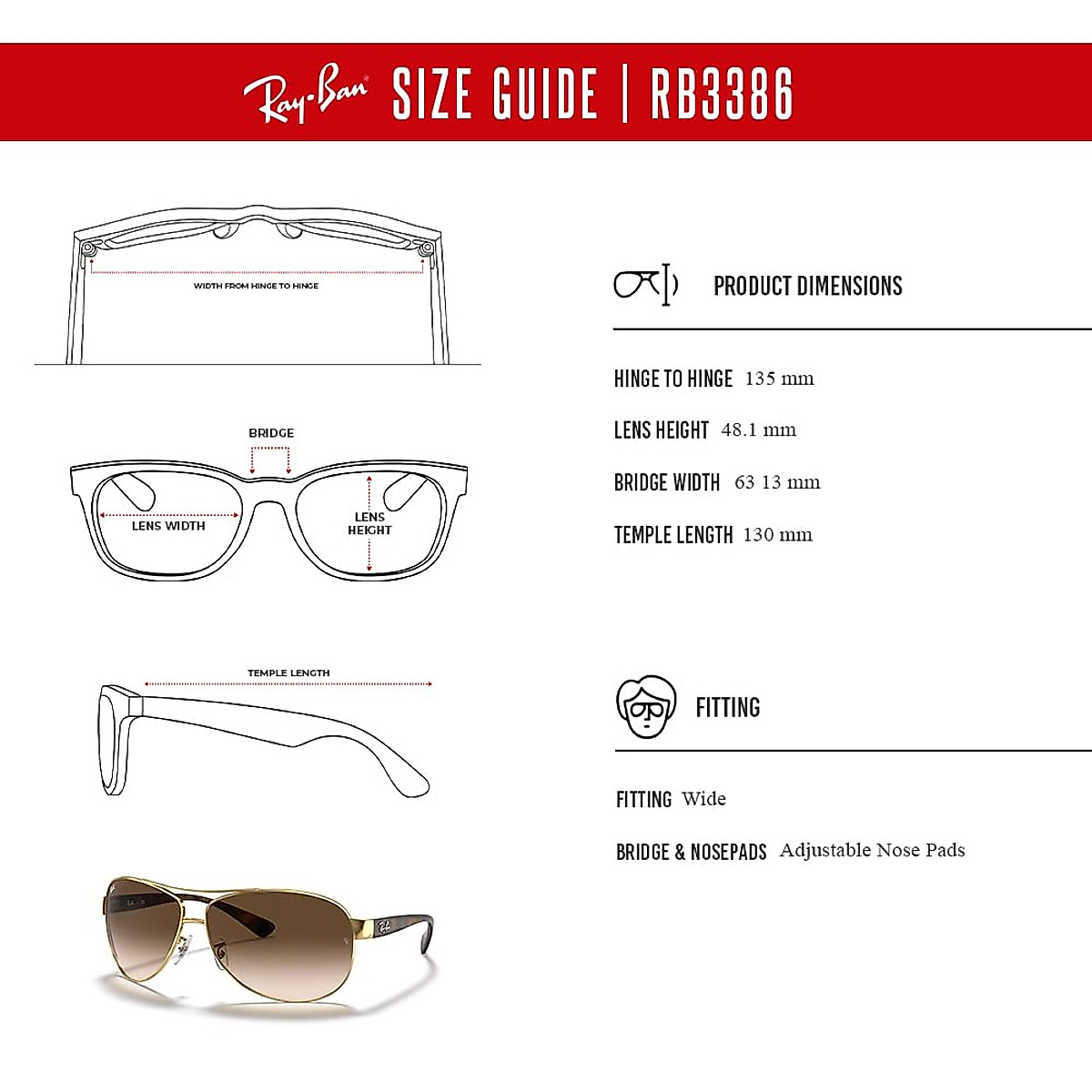 Ray-Ban RB3386 001/13 63M Arista/Brown Gradient Sunglasses For Men For Women