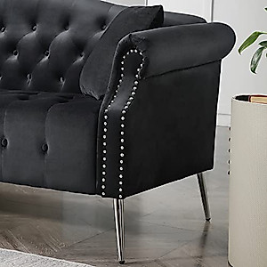 FIQHOME, 78.7" Classic Chesterfield Velvet Sofa Contemporary Upholstered Couch with Button Tufted and Rolled Arms, 2 Pillows Included, 3 Seater, Black