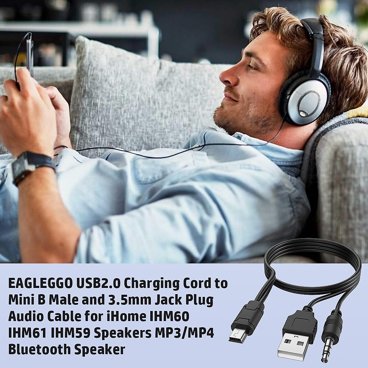 EAGLEGGO USB2.0 Charging Cord to Mini B Male and 3.5mm Jack Plug Audio Cable for iHome IHM60 IHM61 IHM59 Speakers MP3/MP4 Bluetooth Speaker (Mini USB)