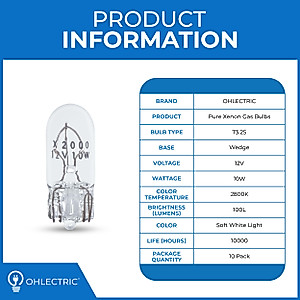 OHLECTRIC T3.25 Soft White Clear Pure Xenon Gas Bulbs with Wedge Base | 10W Dimmable Light Bulbs with100L & 2800K Color Temperature | (Pack of 10) OL-46160