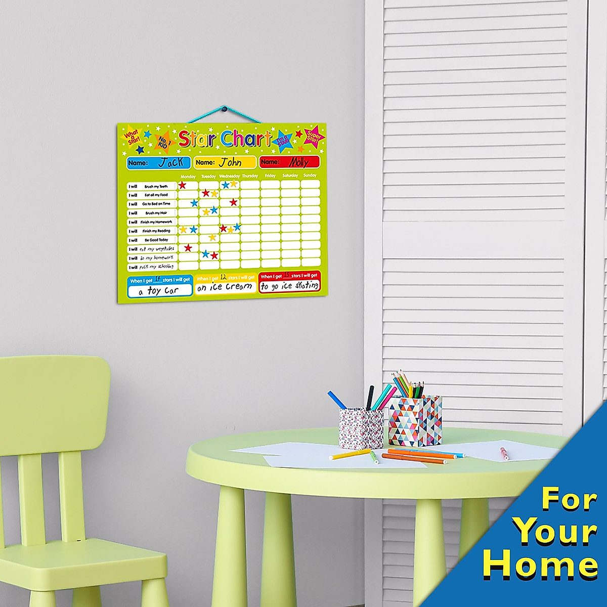 Magnetic Reward / Star / Responsibility / Behavior Chart for up to 3 Children. Rigid board 16" x 13" (40 x 32cm) with hanging loop