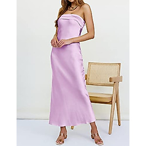 ZESICA Women's 2023 Summer Satin Strapless Dress Sexy Backless Bodycon Wedding Cocktail Party Maxi Dresses,Purple,X-Large