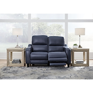 Signature Design by Ashley Mercomatic Contemporary Leather Match Wall Hugger Power Reclining Loveseat with Adjustable Headrest and USB Ports, Blue