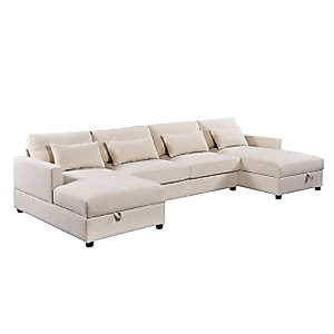 U Shaped Couch Sectional Sofa with Storage Oversized Sectional Couch with Double Chaise Lounge Modern 6 Seat Cloud Couch with 4 Lumbar Support Pillows for Living Room, Beige