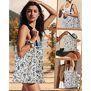 Miss Adola Aesthetic Canvas Tote Bag with Inner Pocket for Women, Cloth Cotton Totes Bag with Pattern for Shopping, Gym, Blue Line Flower