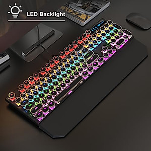 MageGee Typewriter Mechanical Gaming Keyboard, Retro Punk Round Keycaps with RGB Rainbow Backlit USB Wired Keyboards for Game and Office, for Windows Laptop PC Mac - Blue Switches/Black