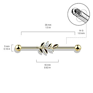 Pierced Owl CZ Crystal Leaf Stainless Steel Industrial Barbell (Silver Tone)