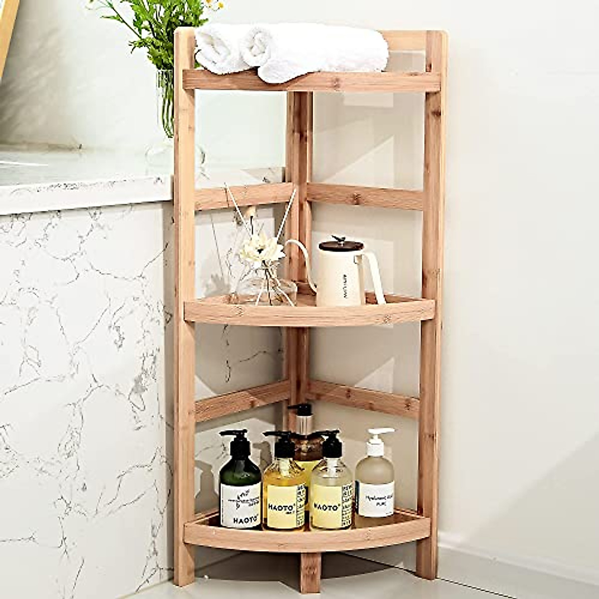 GREEHOMEDE 3 Tier Bamboo Corner Shelf Storage Rack, Free Standing Corner Rack Multipurpose Shelving Unit, Living Room Bathroom Kitchen Shelf Storage, 33.5''