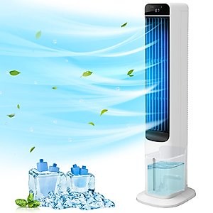 LifePlus 2-In-1 Evaporative Air Cooler - 41” Quiet Cooling Tower Fan Humidifier Portable Swamp Cooler with Bladeless Design 2 Ways Add Water 50° Oscillation Remote Control 3 Wind Speeds 12H Timer 4 Ice Boxes for Home & Office