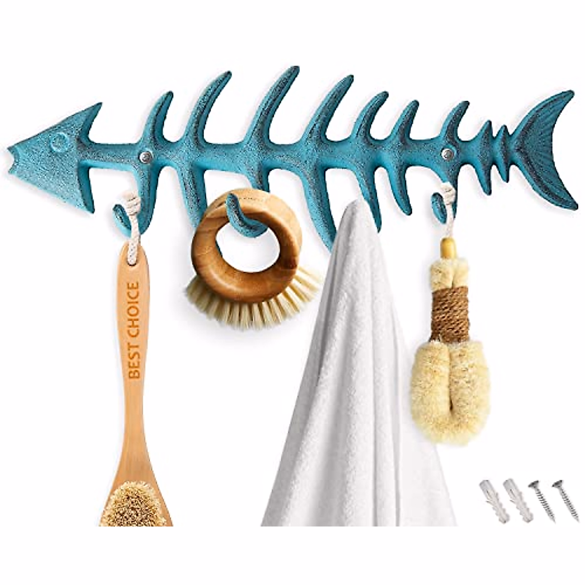 Comfify Decorative Fish Bones Wall Mounted Towel Rack Stylish Cast Iron Hanger w/ 4 “Fish” Hooks | Includes Screws and Anchors - Fish Bones Towel Hanger - Teal Blue