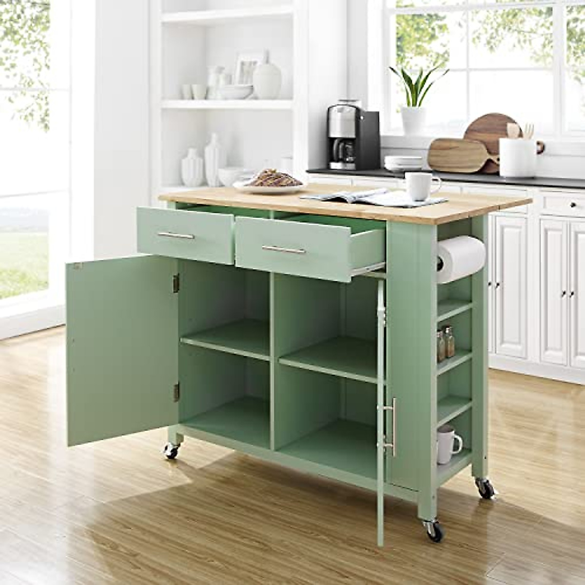 Crosley Furniture Savannah Wood Top Drop Leaf Rolling Kitchen Island Cart with Spice Rack and Shelves, Mint
