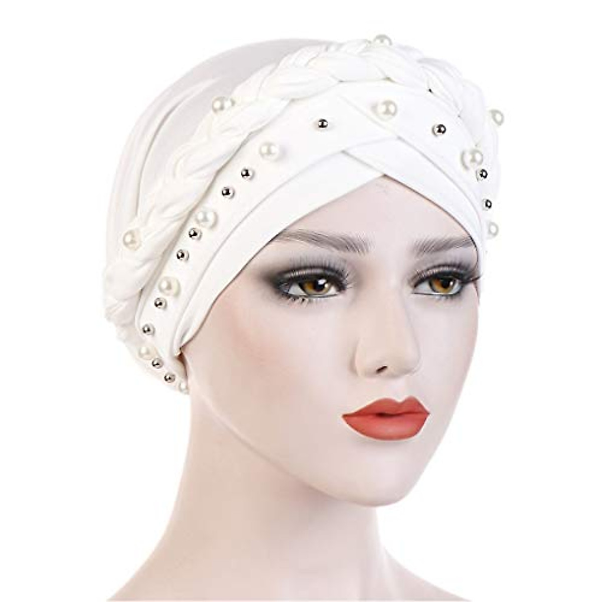 Fxhixiy Women Hijab Beading Pearl Braid Turban Hat Head Scarf Cancer Chemo Beanies Bandana Headwrap Cap (White)