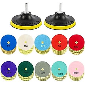 Toolly 12 Pack 4 inch Diamond Polishing Pads Set Wet/Dry Polishing Kit 10pcs 50#-3000# Grit Pads with 2pcs Hook and Loop Backer Pads for Granite Stone Concrete Marble Floor Grinder or Polisher