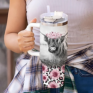 Hyturtle Personalized Gifts For Highland Cow Lover Tumbler 40oz with Handle and Straw - Stainless Steel Travel Coffee Cup With Lid - Cute Farm Animal Lover Gifts For Women, Girl On Birthday Christmas