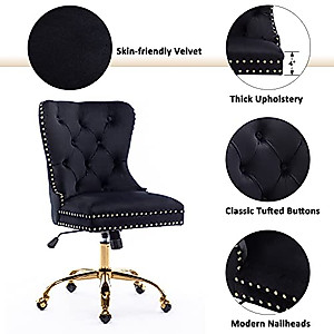 QUINJAY Velvet Home Office Desk Chair, Upholstered Adjustable Swivel Desk Chair with Gold Base, Tufted Study Desk Chair with Comfy High Back for Teens Study Makeup Black