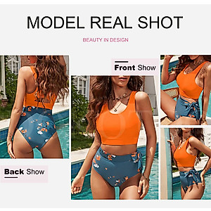 Dokotoo Womens 2 Piece Swimsuit Scoop Neck Sleeveless Racerback Tummy Control High Waisted Tie Knot Flattering Bathing Suits Long Lined Floral Bikini Orange Large