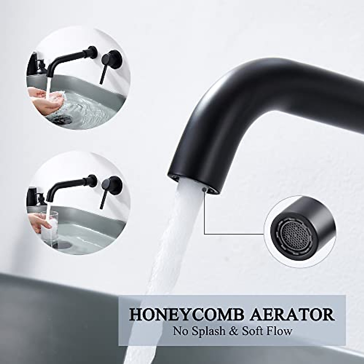 YardMonet Wall Mount Bathroom Faucet Matte Black, Single Handle Wall Mounted Bathroom Sink Faucet, 360° Swivel Solid Brass Long Spout, Rough-in Valve Included