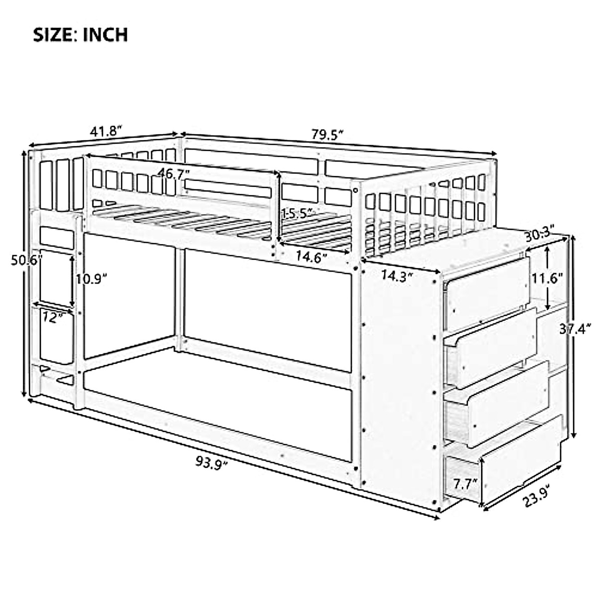 Harper & Bright Designs Twin Over Twin Bunk Bed with Storage, Wood Floor Bunk Beds with 4 Drawers & 3 Shelves, Low Bunk Bed, Twin Loft Bed for Kids, Girls Boys, Teens, Adults (Gray)