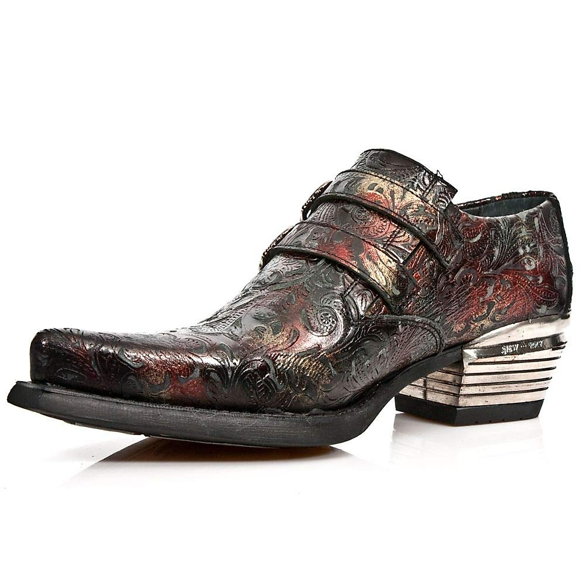 New Rock 7960-S5 Embossed Vintage Black, Red Leather Buckle Steel Heel Shoes 41