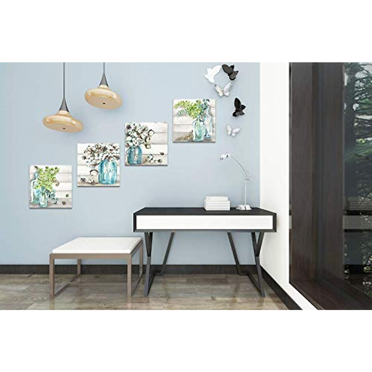 Flower Painting Wall Art Watercolor MasonJar Floral Picture Artwork 4 Panel Modern Oil Painting Print on Canvas for Bedroom Living Ready to Hang