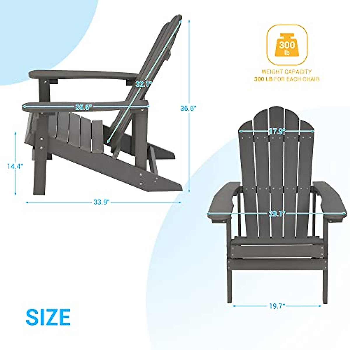 MISSBRELLA Plastic Adirondack Chairs Hips Material Looks Like Real Wood Weather Resistant for Patio Garden, Backyard, Patio and Indoors (Charcoal)