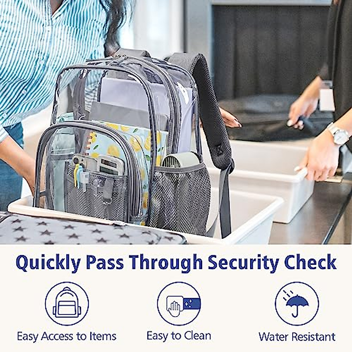 F-color Clear Backpack Heavy Duty - Large Clear Backpacks for School PVC Transparent Clear Bookbag for Work, Security, Stadium, Travel, Women, Men, Grey