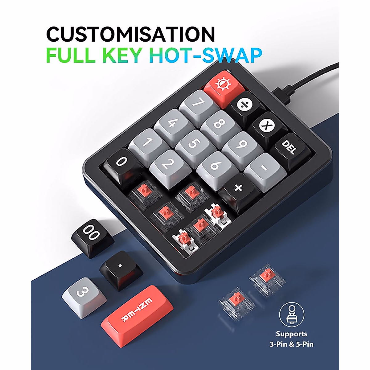 TISHLED Aluminum Mechanical Numpad Programmable Macro Keypad RGB LED Backlit Hot Swappable Number Pad 19-Key NKRO Linear Red Switches Numeric Keyboard Wired USB-C for PC/Laptop/Win/Mac, Black