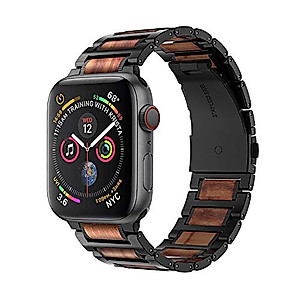 iiteeology Compatible with Apple Watch Band 49mm 45mm 44mm 42mm, Natural Wooden Stainless Steel Link Bracelet Strap for Apple Watch Ultra & SE Series 8 7 6 Series 5 4 3 2 1 - Black
