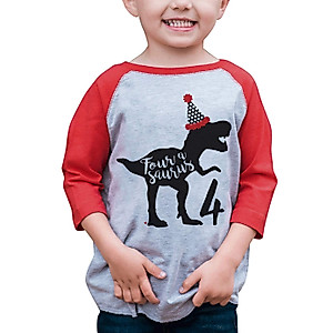 7 ate 9 Apparel Four 4 Fourth 4th Dino Birthday Dino Dinosaur Red Baseball Shirt T-Shirt 4T